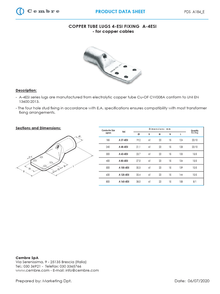 CEMBRE Copper Tube Lugs 4 Hole | PDF