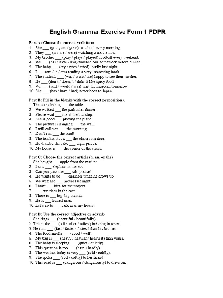 English - Grammar - Exercise Form 1 PDPR | PDF