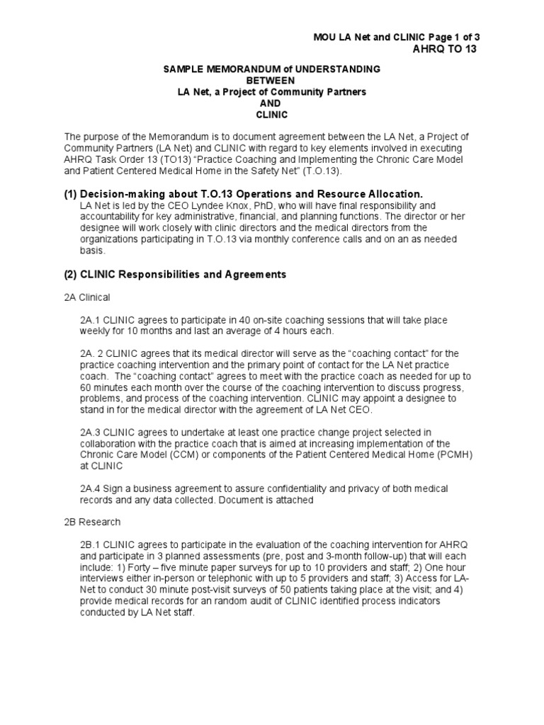 Example Memorandum of Understanding MOU | Institutional Review Board ...