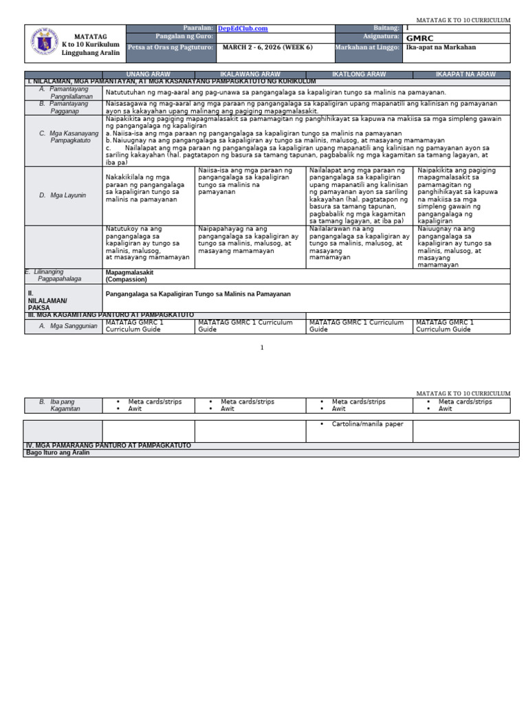 DTC DLL Matatag GMRC 1 q4 w6 | PDF