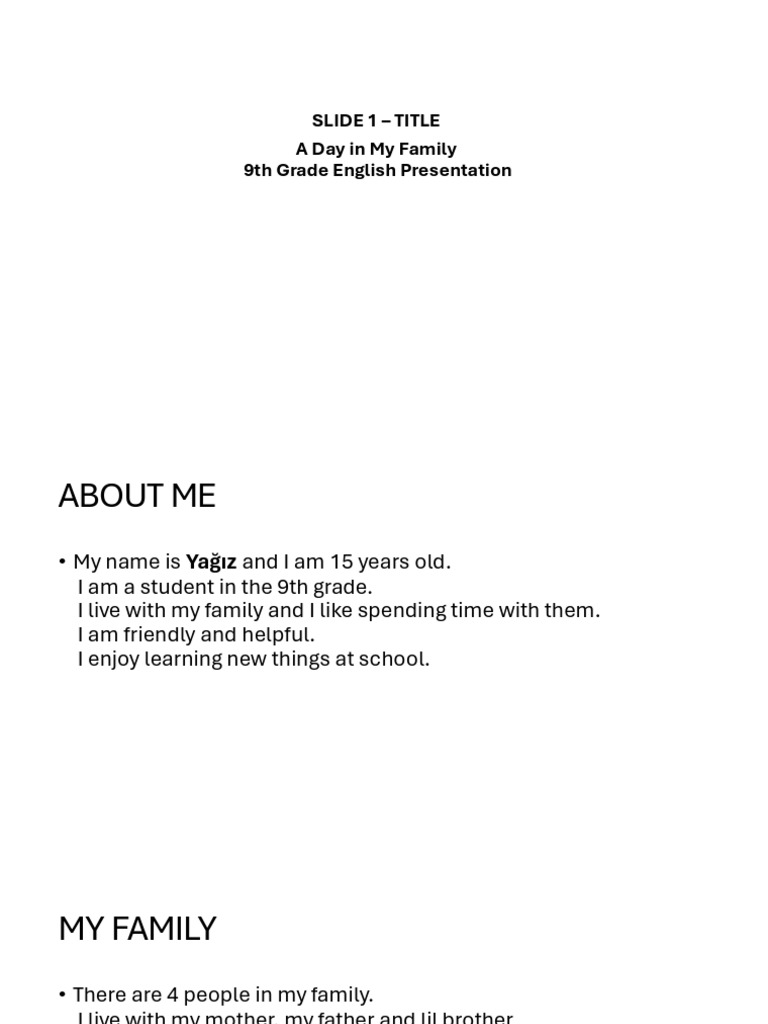Slide 1 Title A Day in My Family 9th Grade English Presentation | PDF