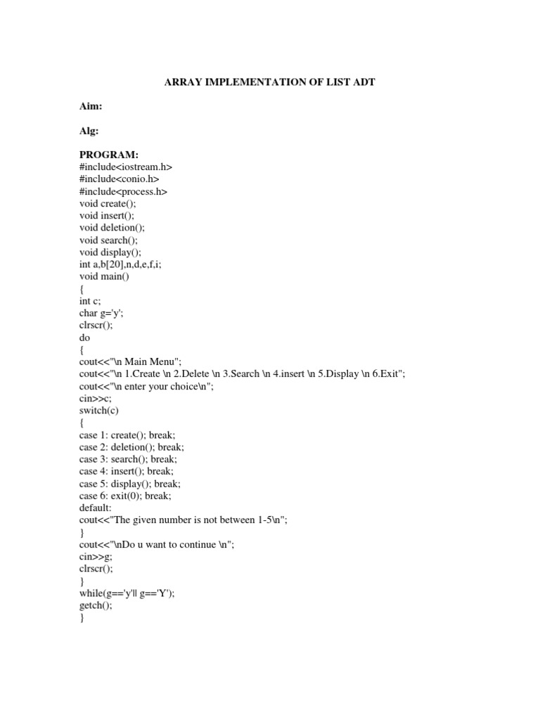 Array Implementation Of List Adt Aim Alg Program Pdf Computer Programming Computer Data
