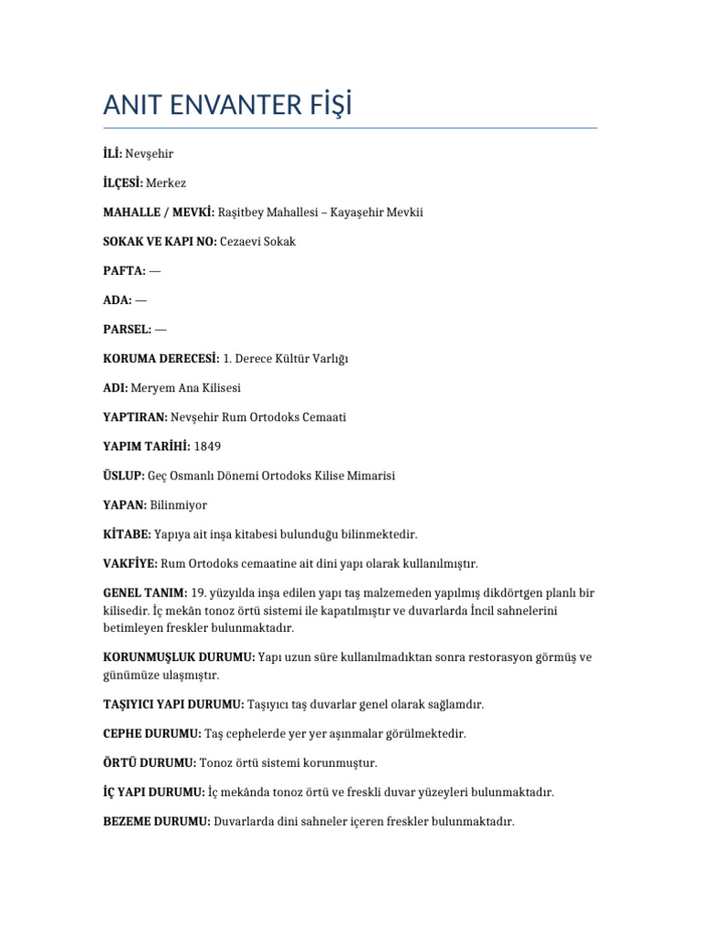 Meryem Ana Kilisesi Anit Fisi | PDF