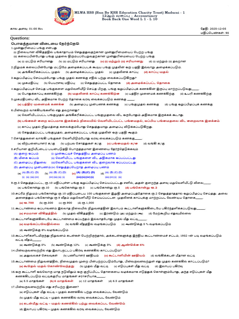 +2 Acc Book Back One Word L 1 - L 10 Q & a TM | PDF