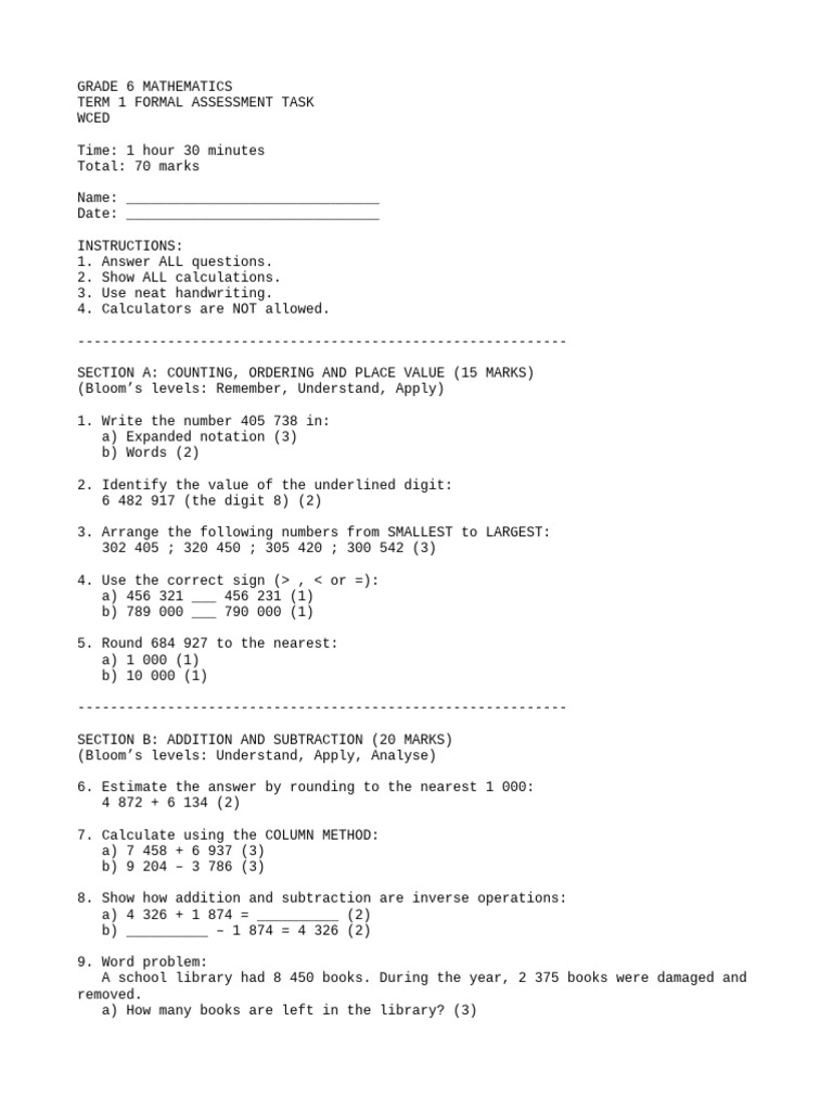 Grade 6 Maths Term 1 Test | PDF | Mathematics