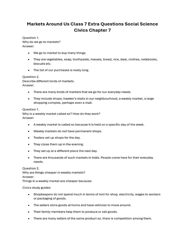 Markets Around Us Class 7 Extra Questions | PDF | Retail | Goods
