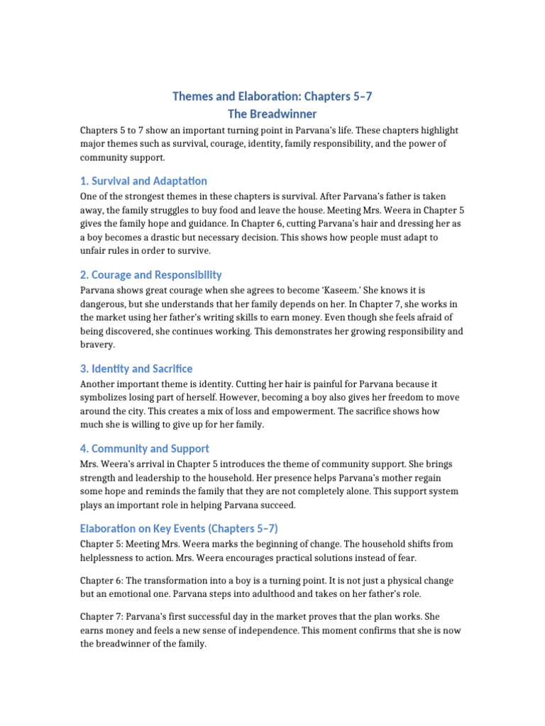 The Breadwinner Chapters 5-7 Themes | PDF | Courage | Psychology