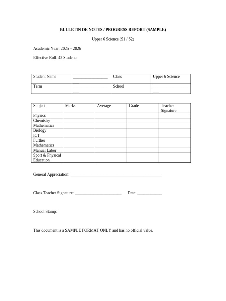 Upper 6 Science Report Card 2025 2026 SAMPLE | PDF