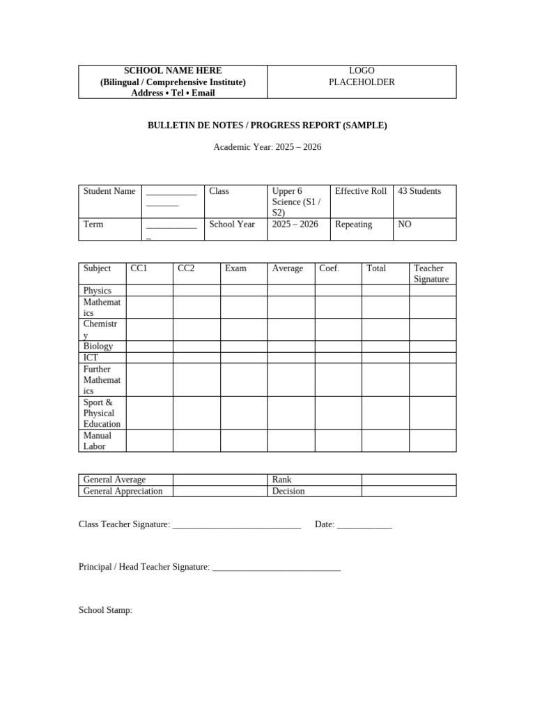 Upper 6 Science Report Card 2025 2026 Near Identical Sample-4 | PDF