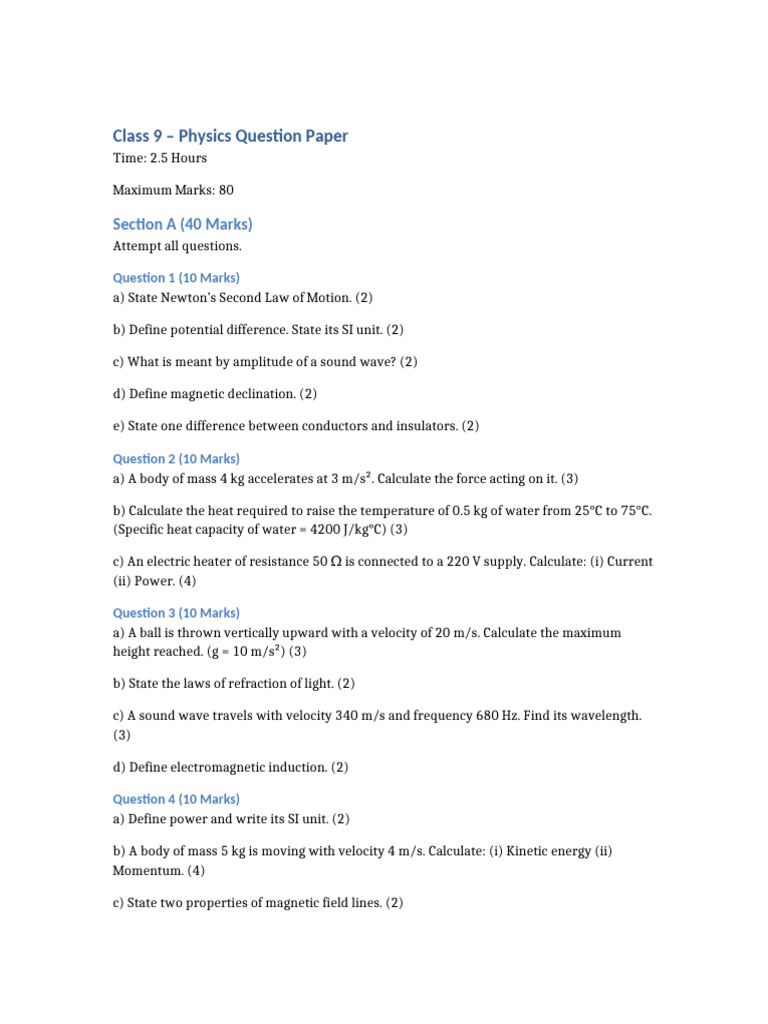 Class 9 ICSE Physics Question Paper 80 Marks | PDF | Waves | Heat Capacity