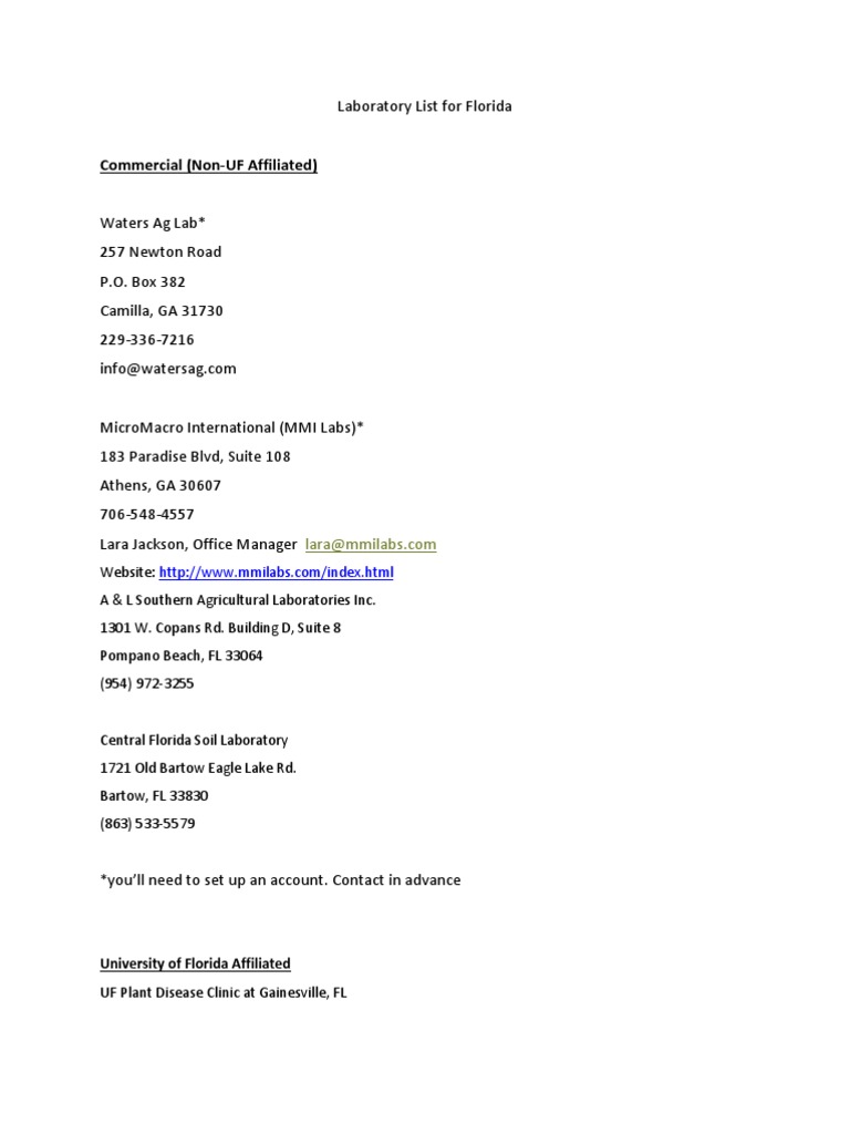 Laboratory List For Florida | PDF