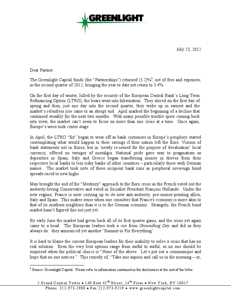 Greenlight Q2 Letter To Investors | PDF | Patient Protection And ...