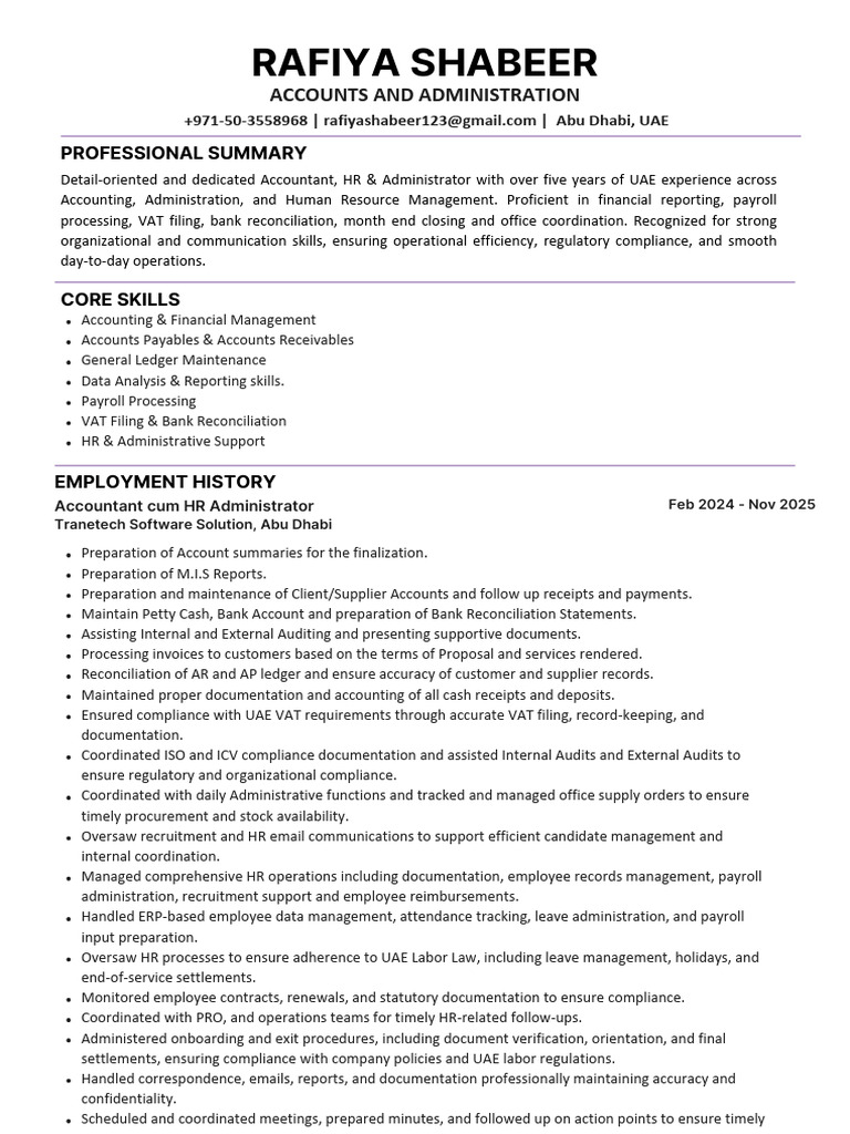 Resume - Rafiya Shabeer | PDF | Regulatory Compliance | Payroll