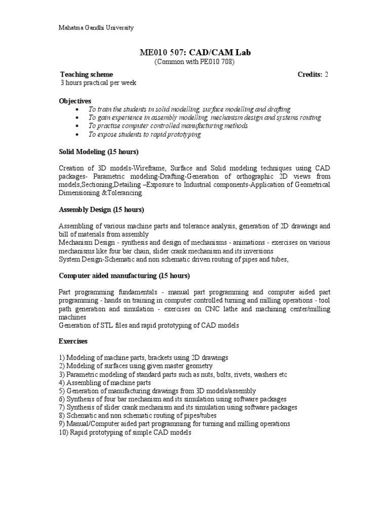 ME 010 507 CAD CAM Lab | PDF | Computer Aided Design | 3 D Modeling