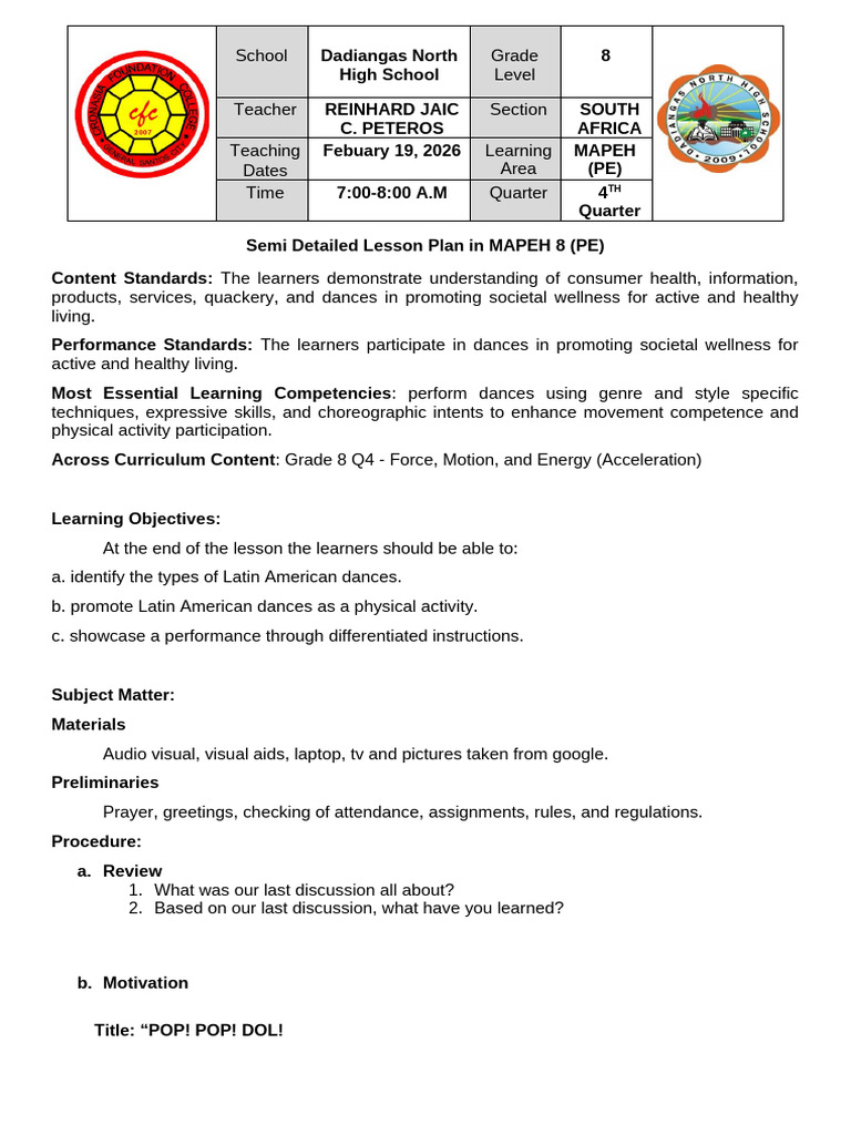 Grade 9 Mapeh Lesson Plan | PDF | Dances | Ballroom Dance