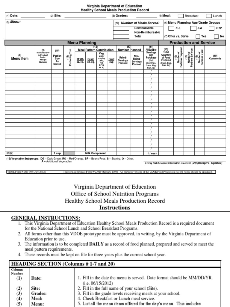 SNP - 305 Food Production Record and Instructions Udpated July 2012 ...