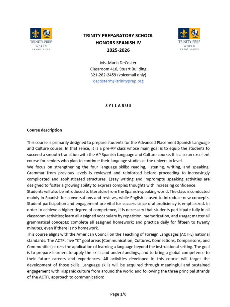 25-26 Hon Spanish IV Syllabus | PDF | Learning | Cognition