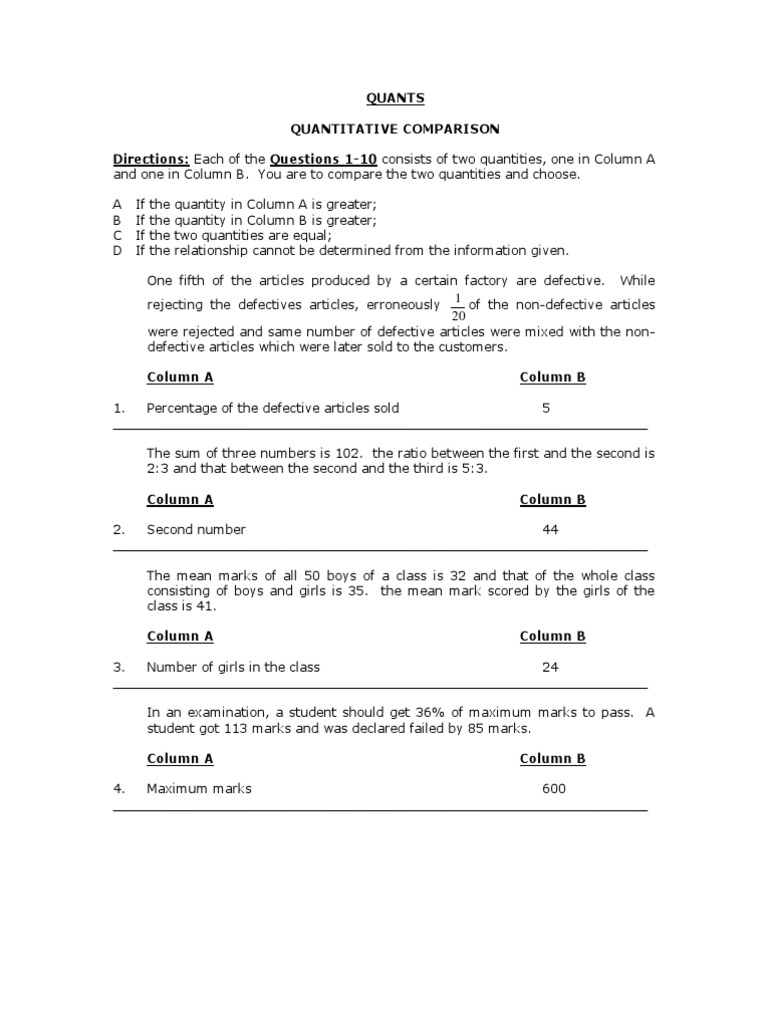 Quants Quantitative Comparison Directions: Each of The Questions 1-10 ...