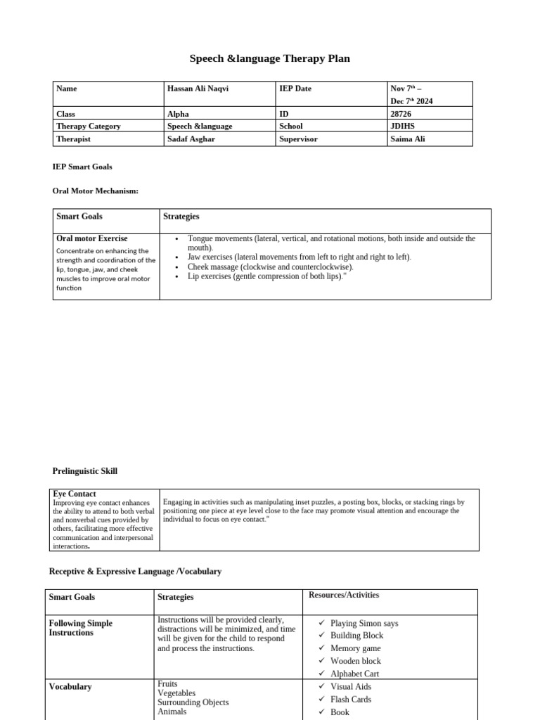 Speech Therspy Plan Hassan | PDF | Nonverbal Communication | Speech