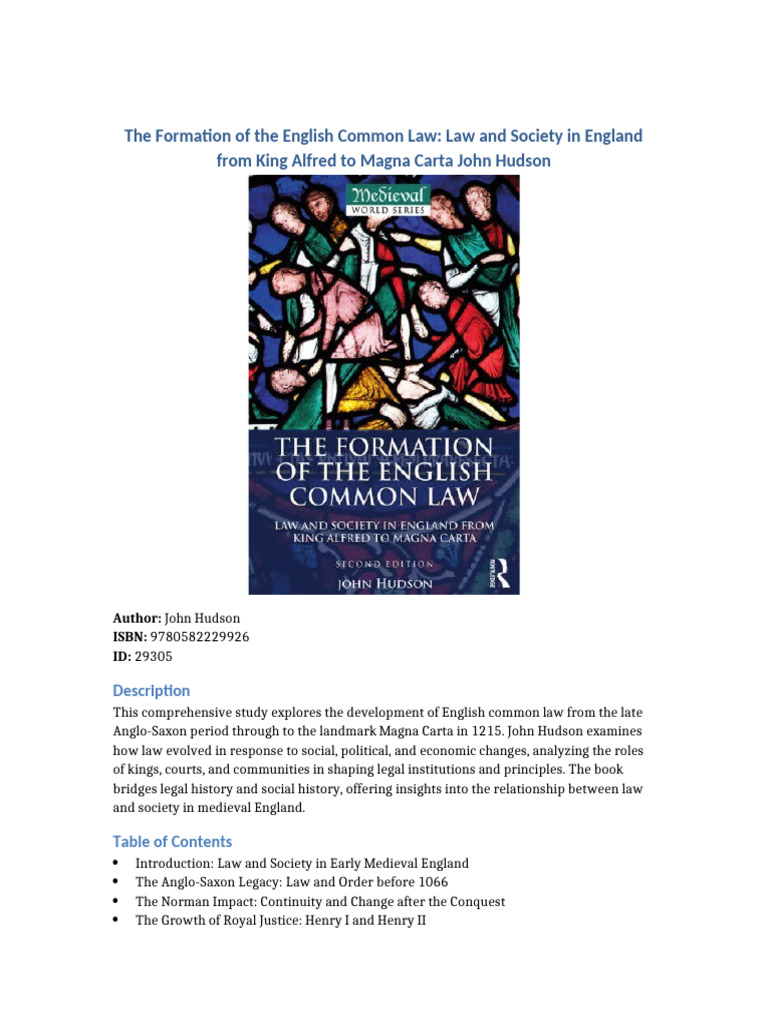 The Formation of the English Common Law: Law and Society in England ...