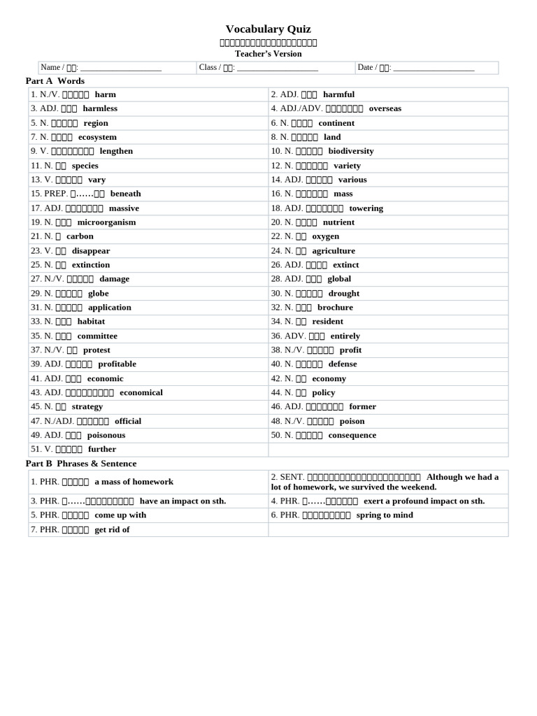 Vocabulary Quiz Compact Teacher | PDF
