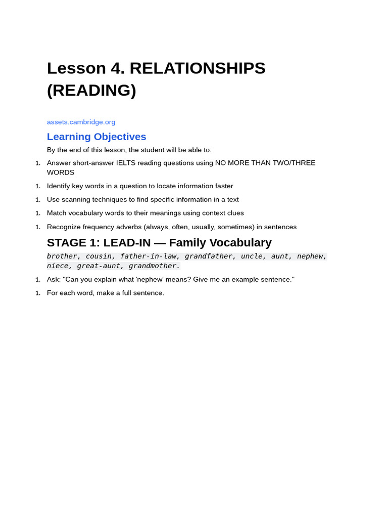 Lesson 4. Relationships (Reading) | PDF | Adverb | Speed Reading