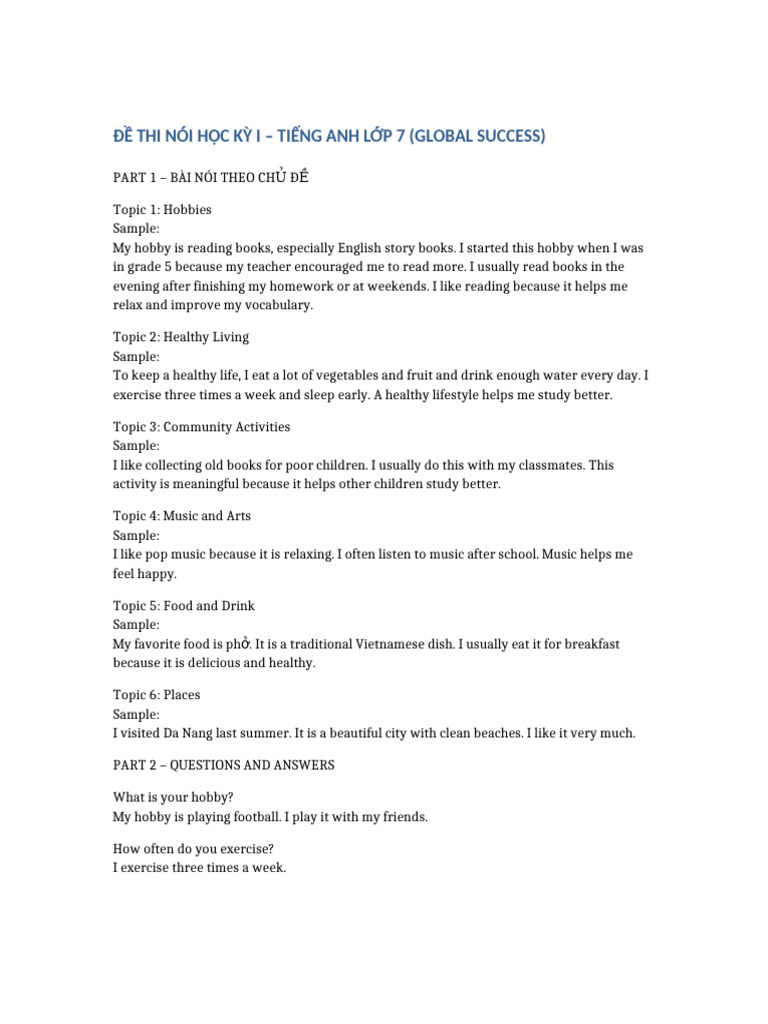 De Thi Noi TA7 HKI Global Success | PDF
