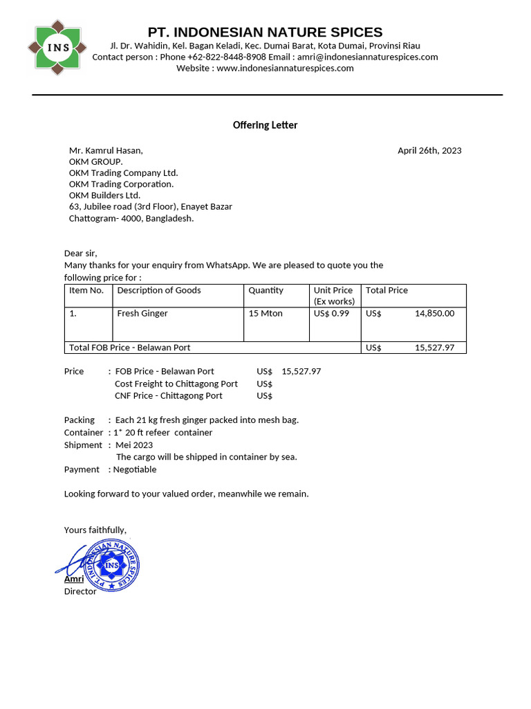 Offering Letter - Ginger Bangladesh | PDF