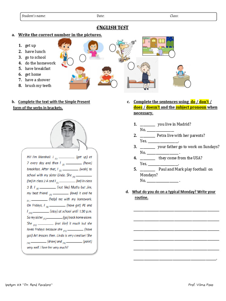 Test 3rd year_ Simple Present _verbos_ | PDF | Linguistics | Syntax