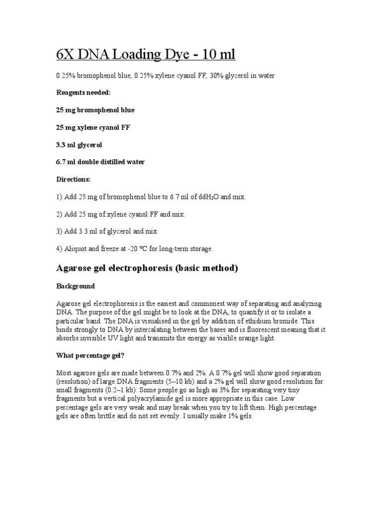6X DNA Loading Dye | PDF | Gel Electrophoresis | Agarose Gel ...