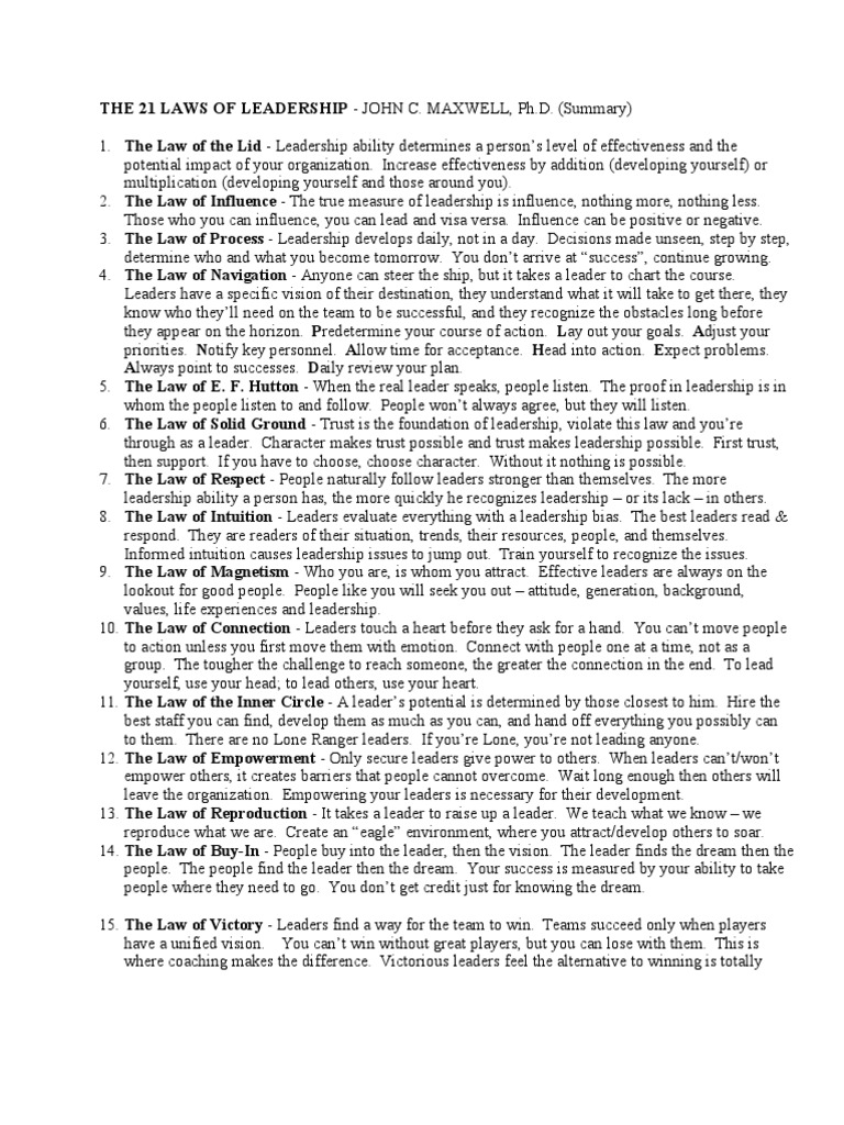 My Notes From 21 Laws of Leadership | PDF | Leadership | Psychological ...