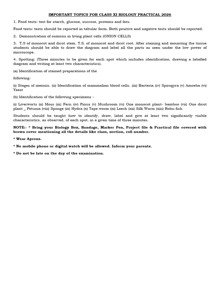 Important Topics For Class Xi Biology Practical Exam | PDF