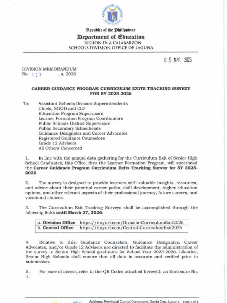 Dm123s2026 Career Guidance Program Curriculum Exits Tracking Survey For ...
