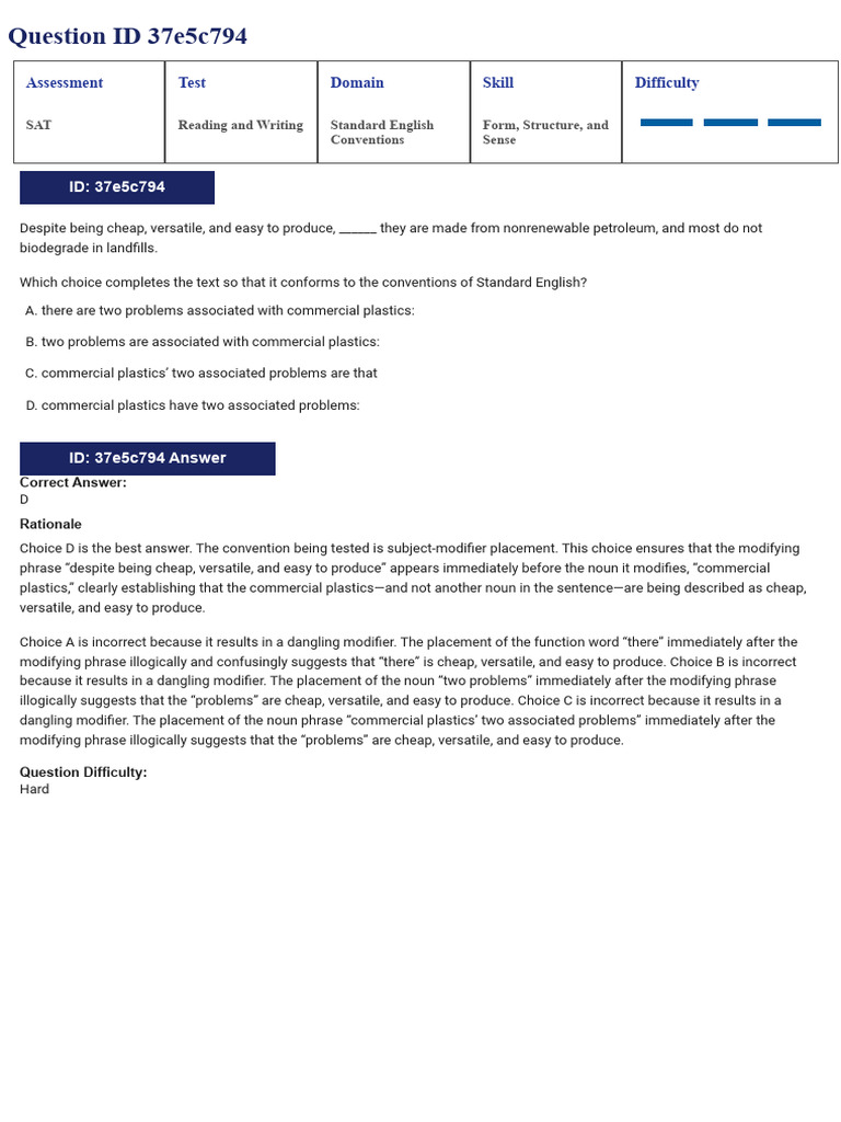 SAT Question Bank_Staandard English Conventions | PDF | Grammatical ...