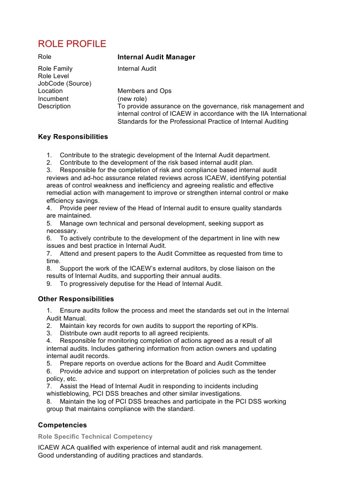 Internal Audit Manager Role Profile | PDF | Internal Audit | Audit