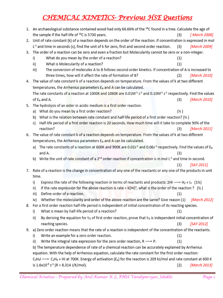 Hsslive Xii Chem PYQ 3. Chemical Kinetics Qns | PDF | Reaction Rate ...