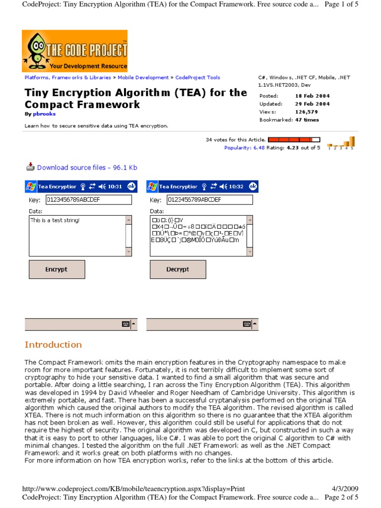 Tiny Encryption Algorithm (TEA) For The Compact Framework: Download ... Tiny Encryption Algorithm (TEA) For The Compact Framework: Download ...