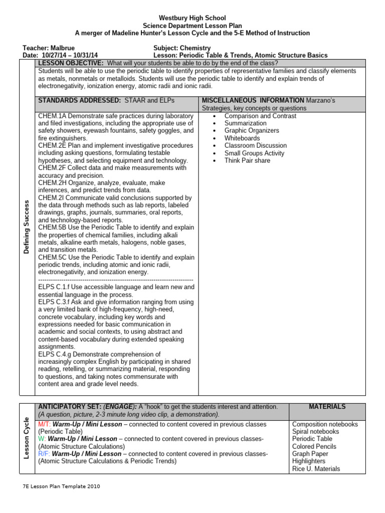 10.27.14-10.31.14 Chemistry Lesson Plan | PDF | Periodic Table | Chemistry