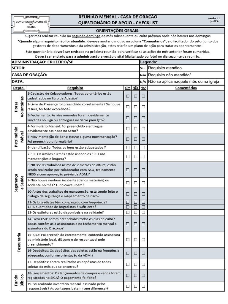 Form Gestão Mensal - Casas de Oração | PDF