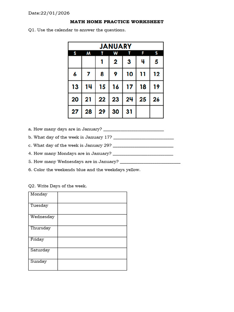 Grade 1 Math Home Practice Worksheet - 22nd Jan 2026 | PDF