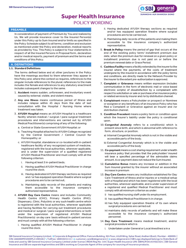 SBI Super Health Platinum Infinite Policy Wording 2c9386c305 | PDF ...
