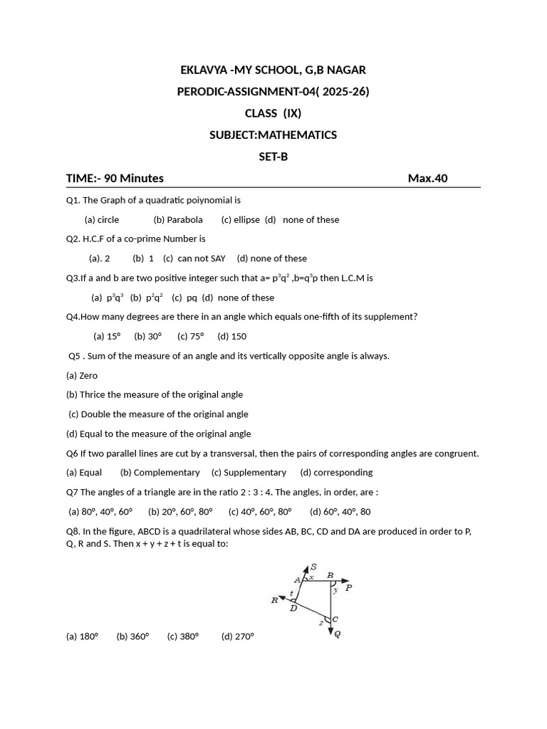 Class 9th Ut Set B Last One | PDF | Angle | Mathematics