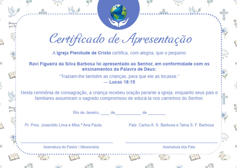 Certificado de Apresentação Planitude Menino | PDF