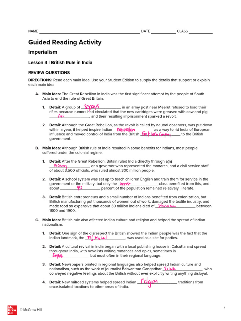 Guided Reading Activity British Rule in India Printable | PDF