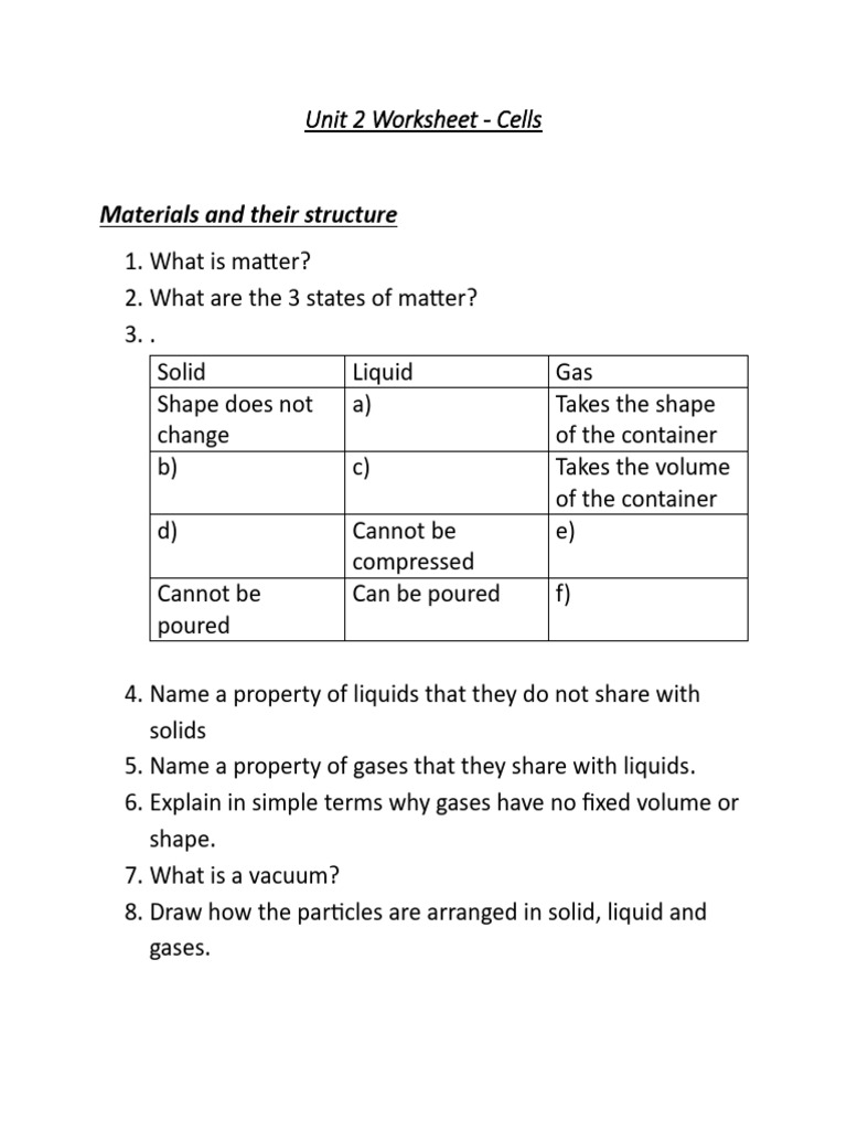 Unit 2 Worksheet - Cells | PDF | Chemical Compounds | Liquids