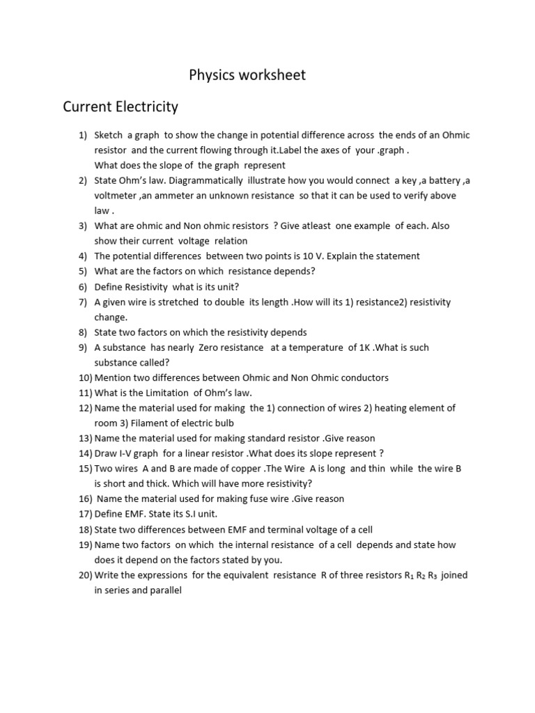 Current Electricity Worksheet For Class 10 | PDF | Electrical ...