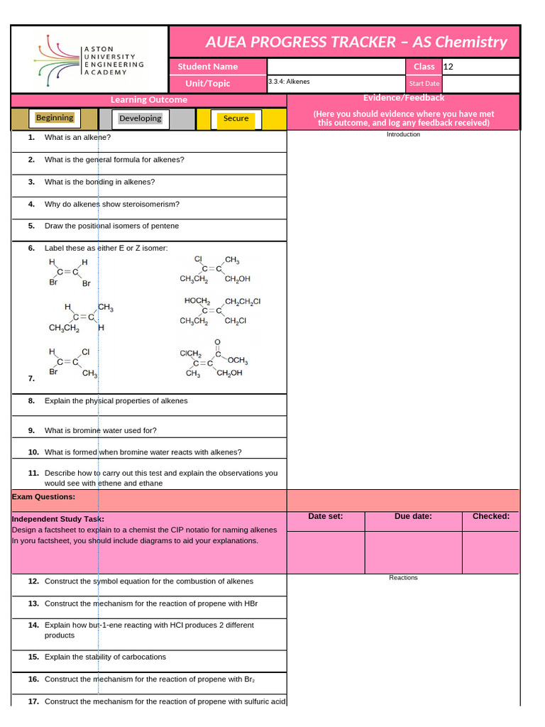 As Chemistry 3.3.4 Alkenes Progress Tracker | PDF | Alkene | Polymerization