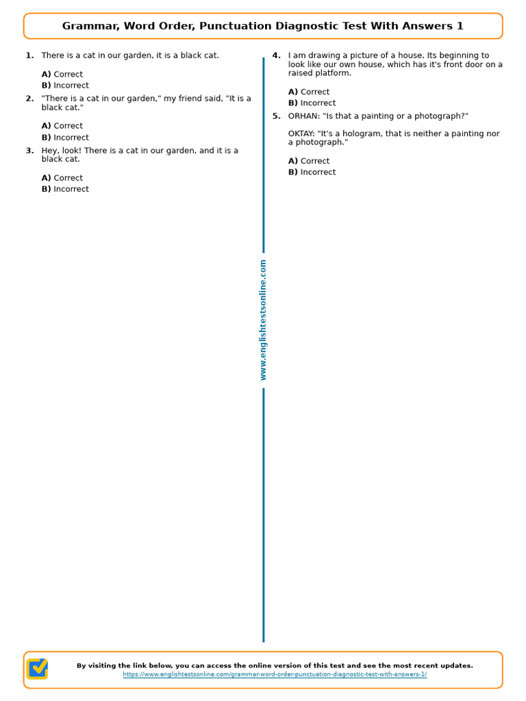 617 Grammar Word Order Punctuation Diagnostic Test With Answers 1 ...