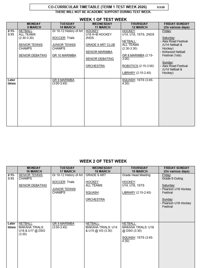 Test Week Co-curricular for Test Weeks. Marc 2026 | PDF