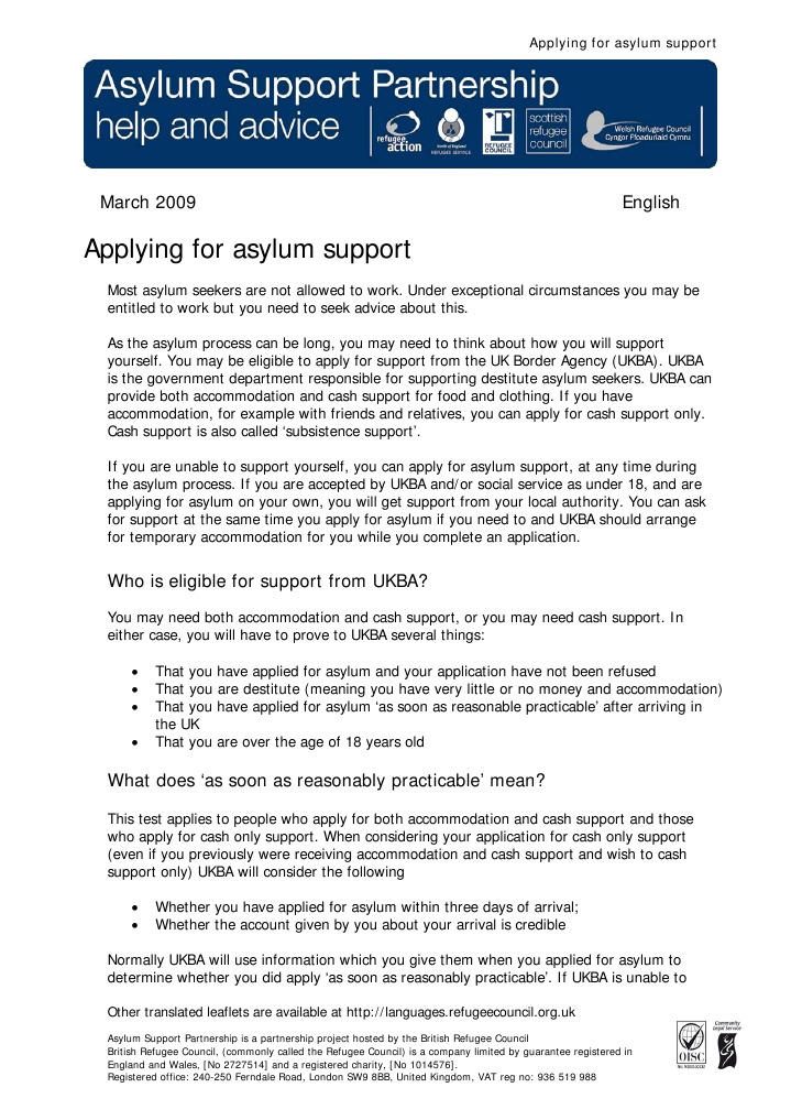 Applying For Asylum Support2009English | PDF | Refugee | Asylum Seeker